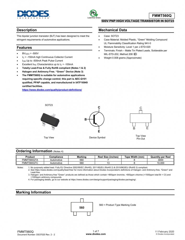 FMMT560QTA datasheet page 1