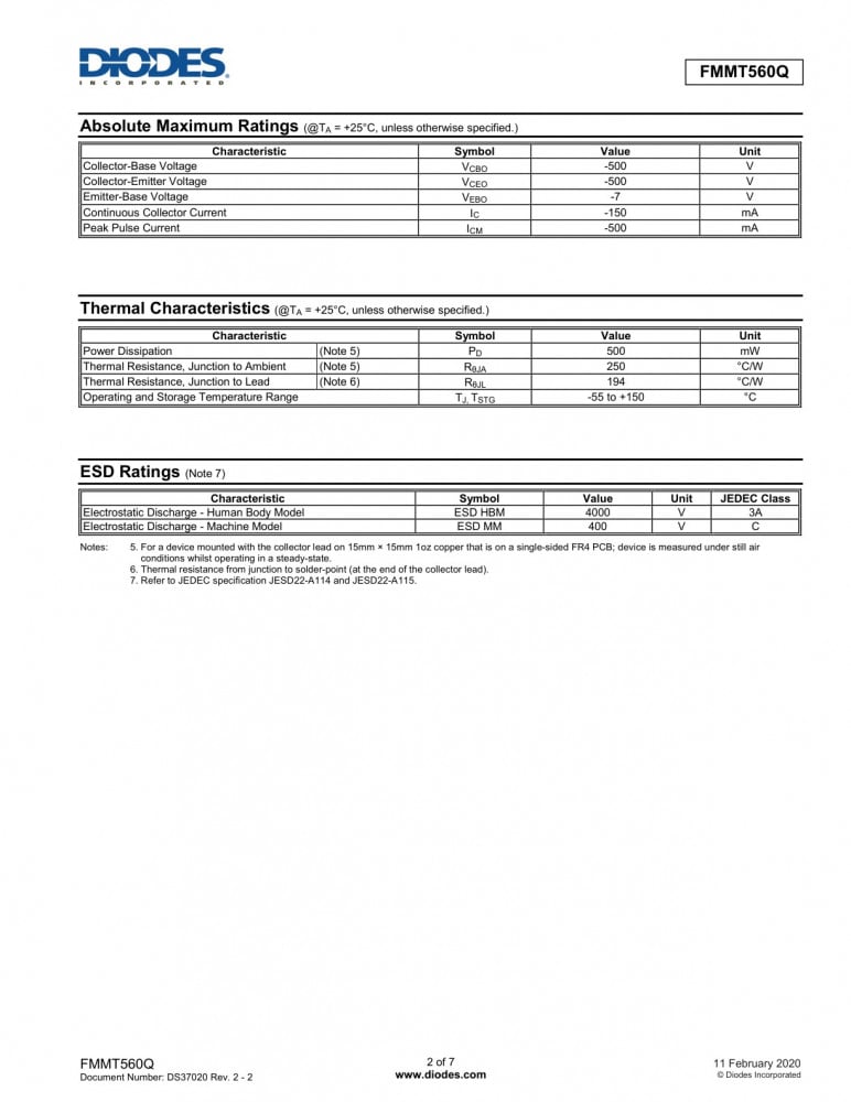 FMMT560QTA datasheet page 2