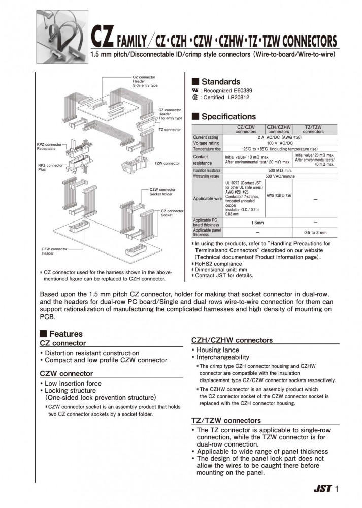 JST CZ connector datasheet page 1