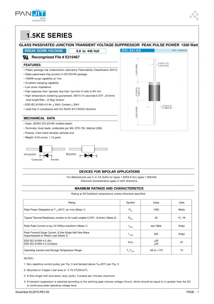 PANJIT 1.5KE series datasheet page 1