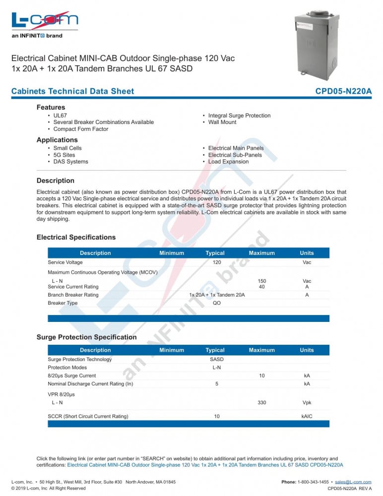 CPD05-N220A technical data sheet page 1