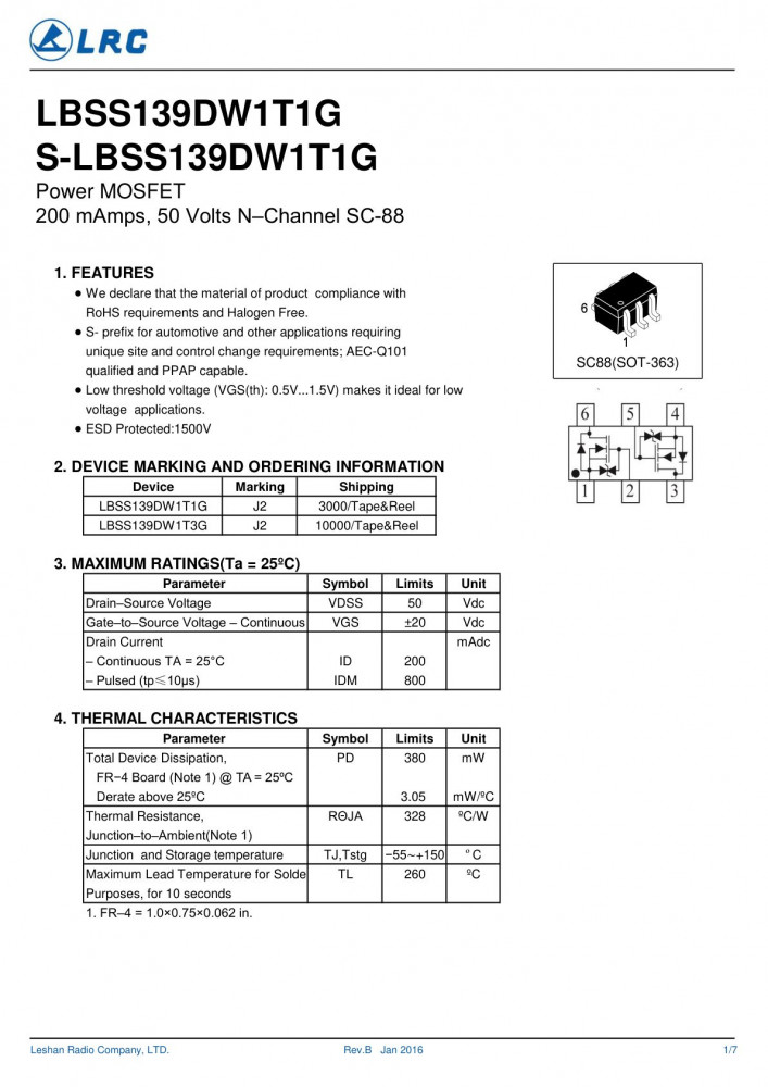 LBSS139DW1T1G datasheet page 1