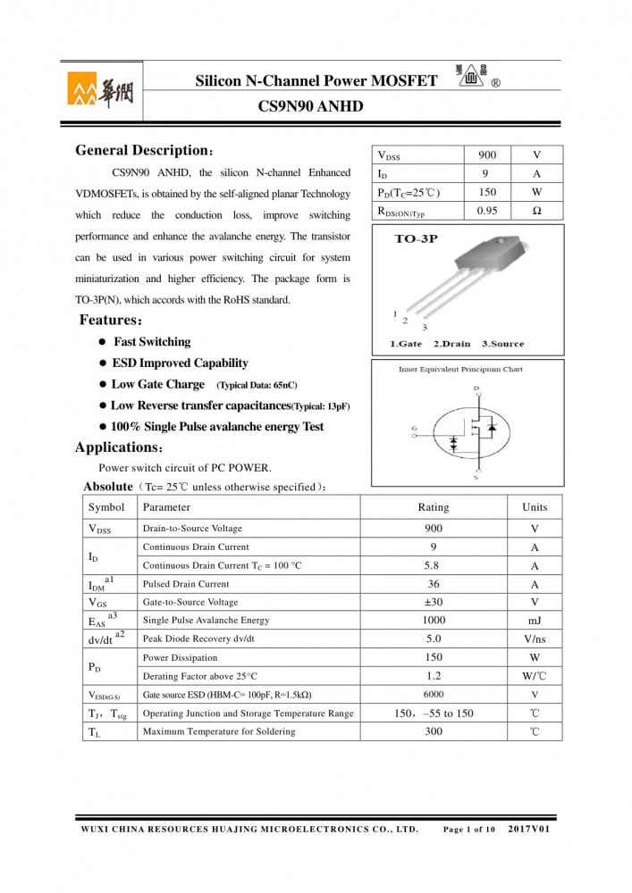 CS9N90ANHD datasheet page 1