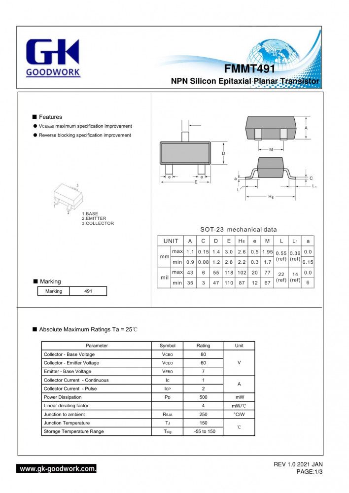 FMMT491 technical document page 1