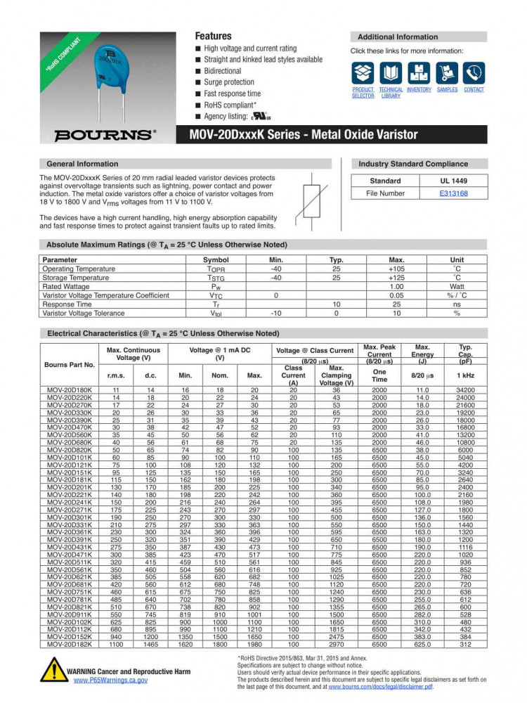 BOURNS MOV-20D751K datasheet page 1