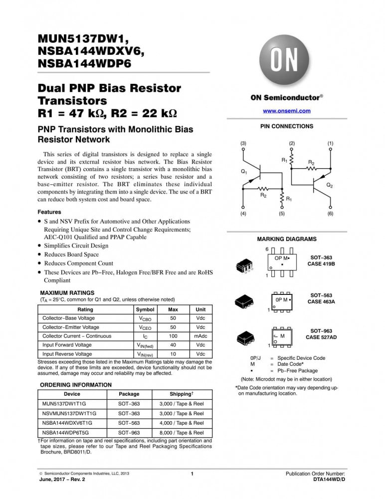 MUN5137DW1T1G datasheet page 1