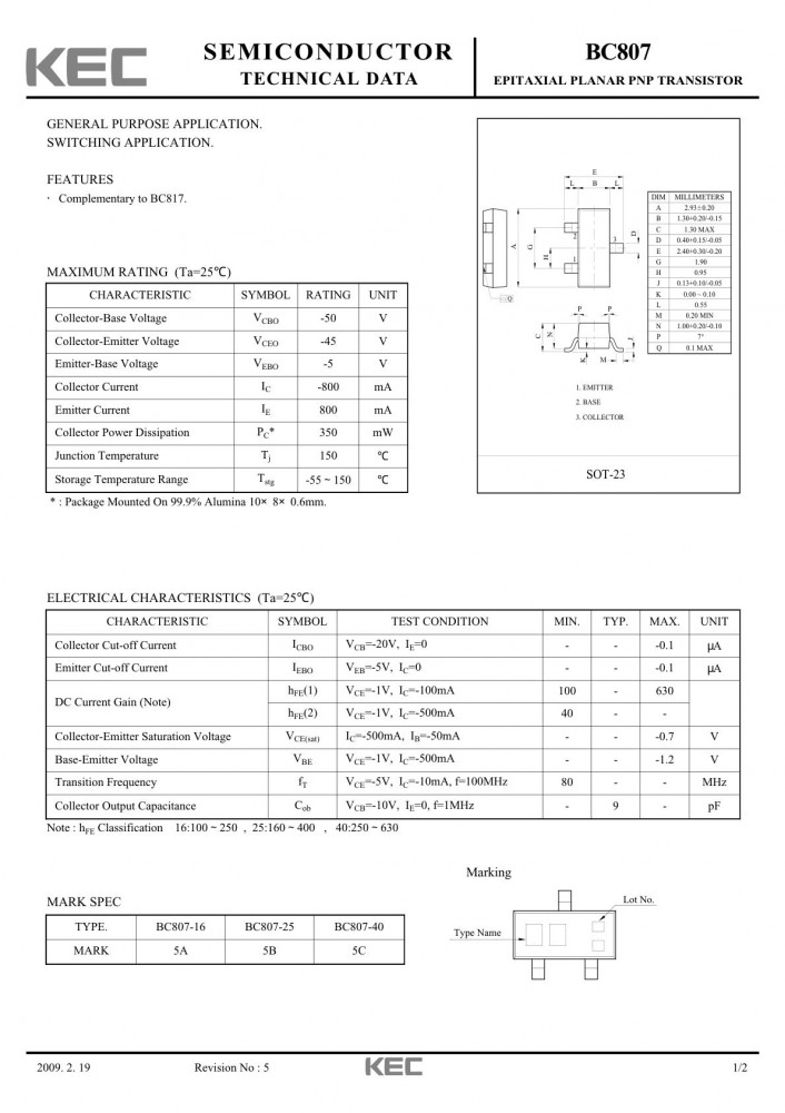 KEC BC807-40-RTK/P datasheet page 1