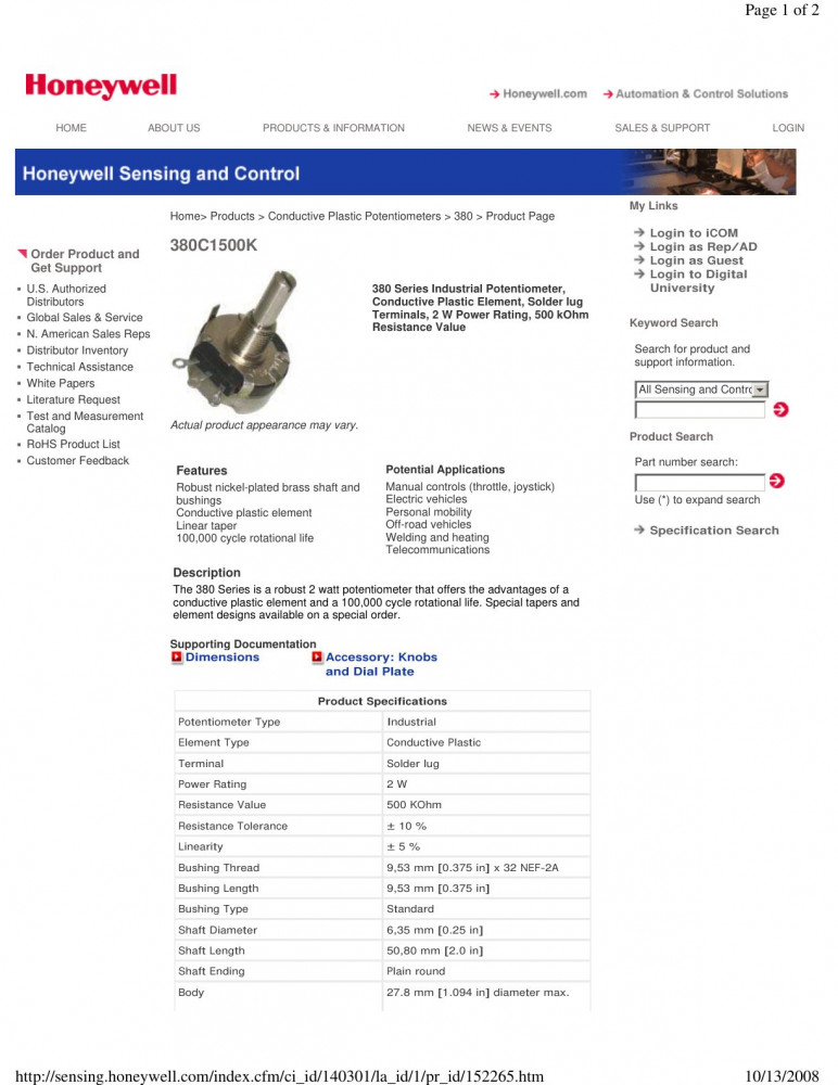 380C1500K technical document page 1