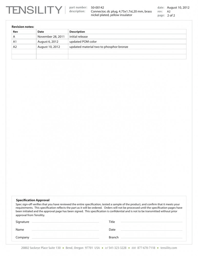 50-00142 product specification, page 2