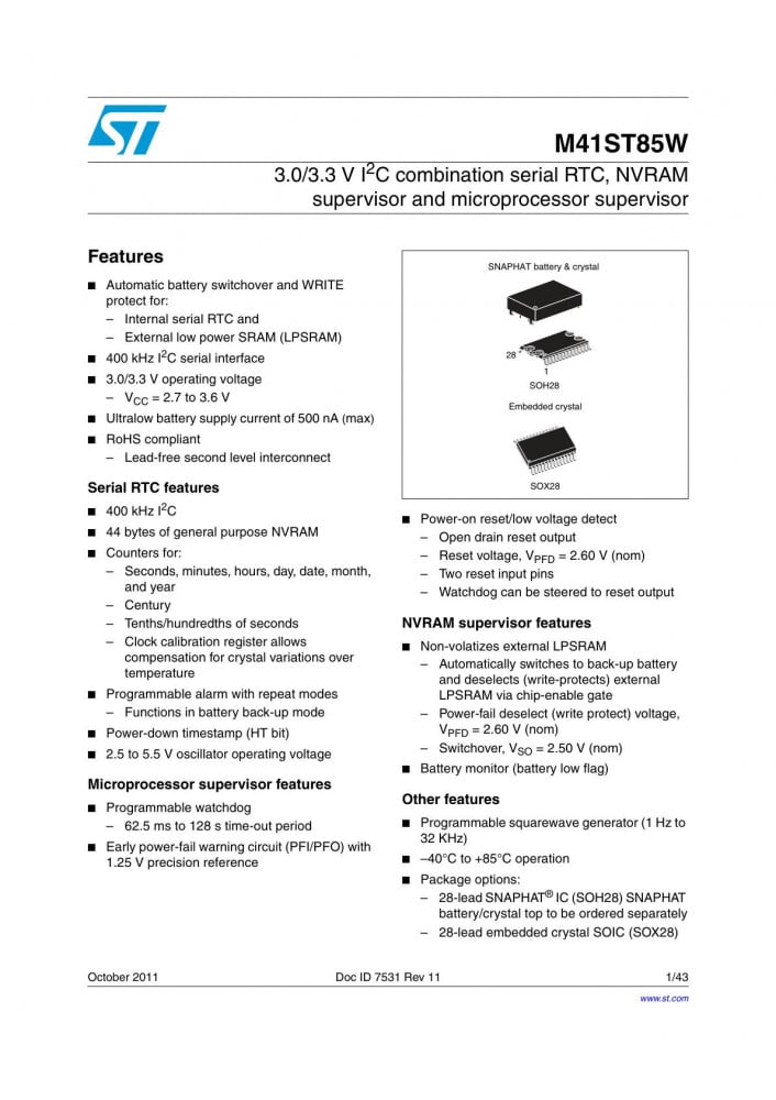 M41ST85W datasheet page 1
