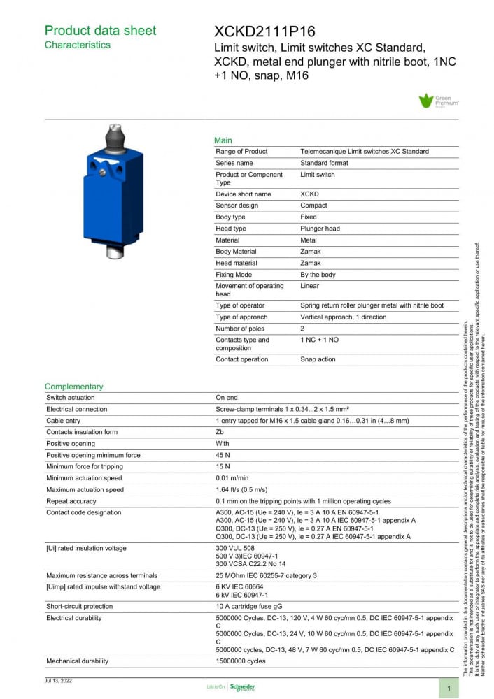 XCKD2111P16 technical document page 1