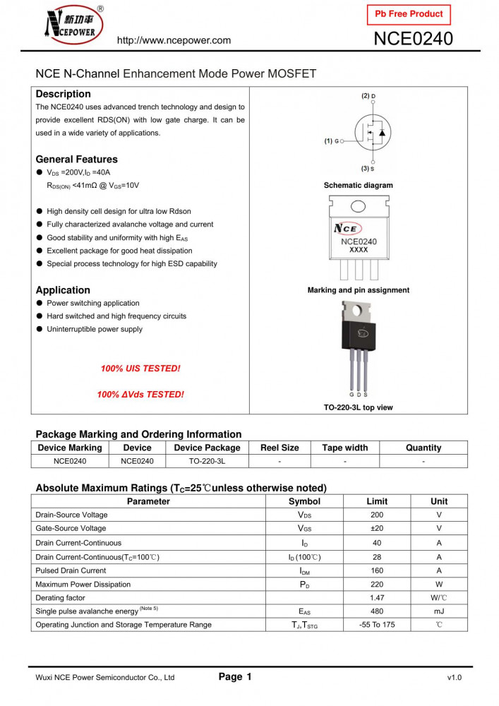 NCE0240 datasheet page 1