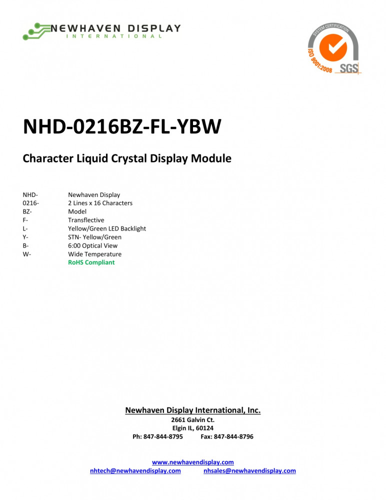 NHD-0216BZ-FL-YBW datasheet page 1