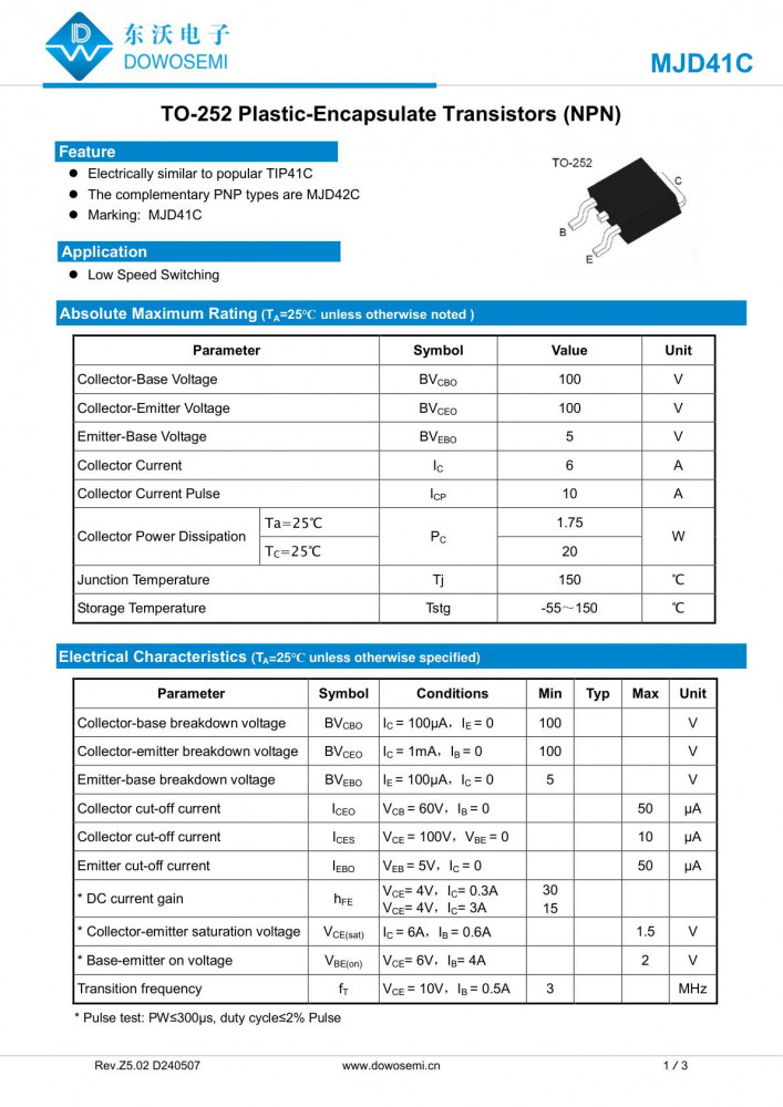 DOWO MJD41C datasheet page 1