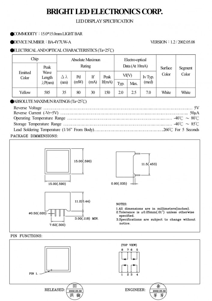 BA-4Y7UW-A light bar specification sheet preview