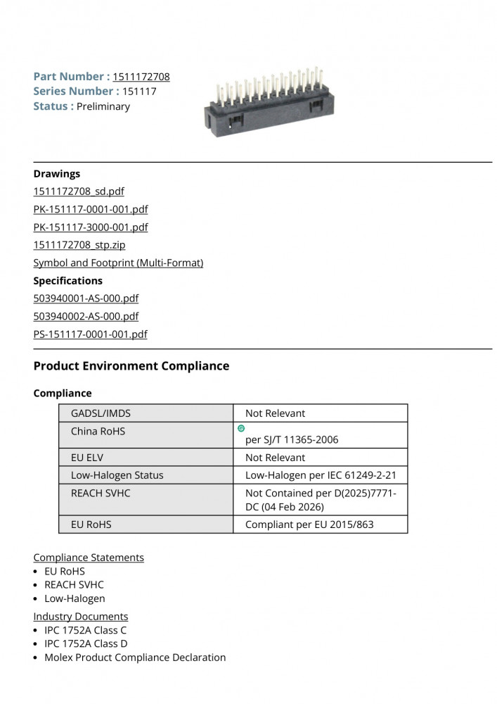 MOLEX 151117 product specification page 1