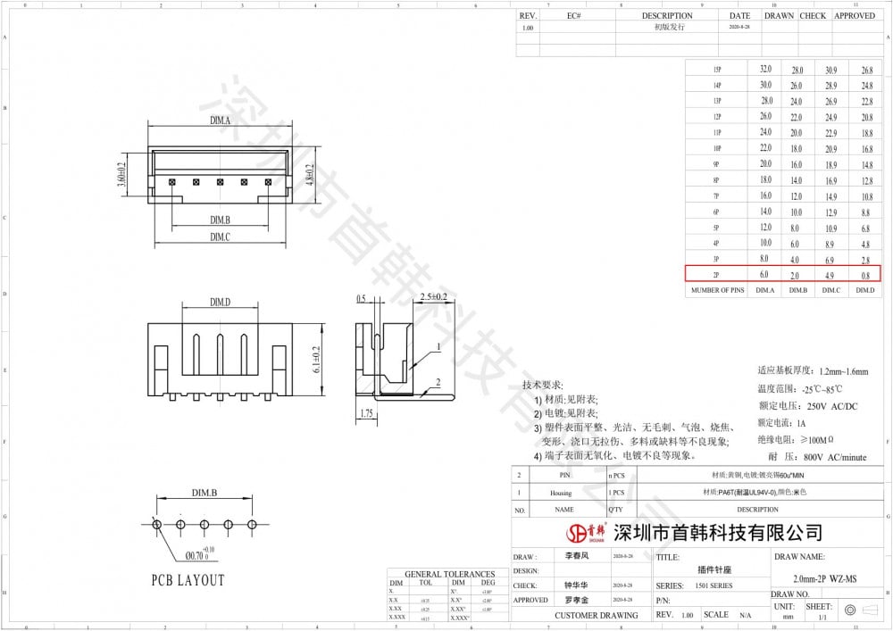 SHOU HAN 2.0mm-2P WZ MS drawing page 1