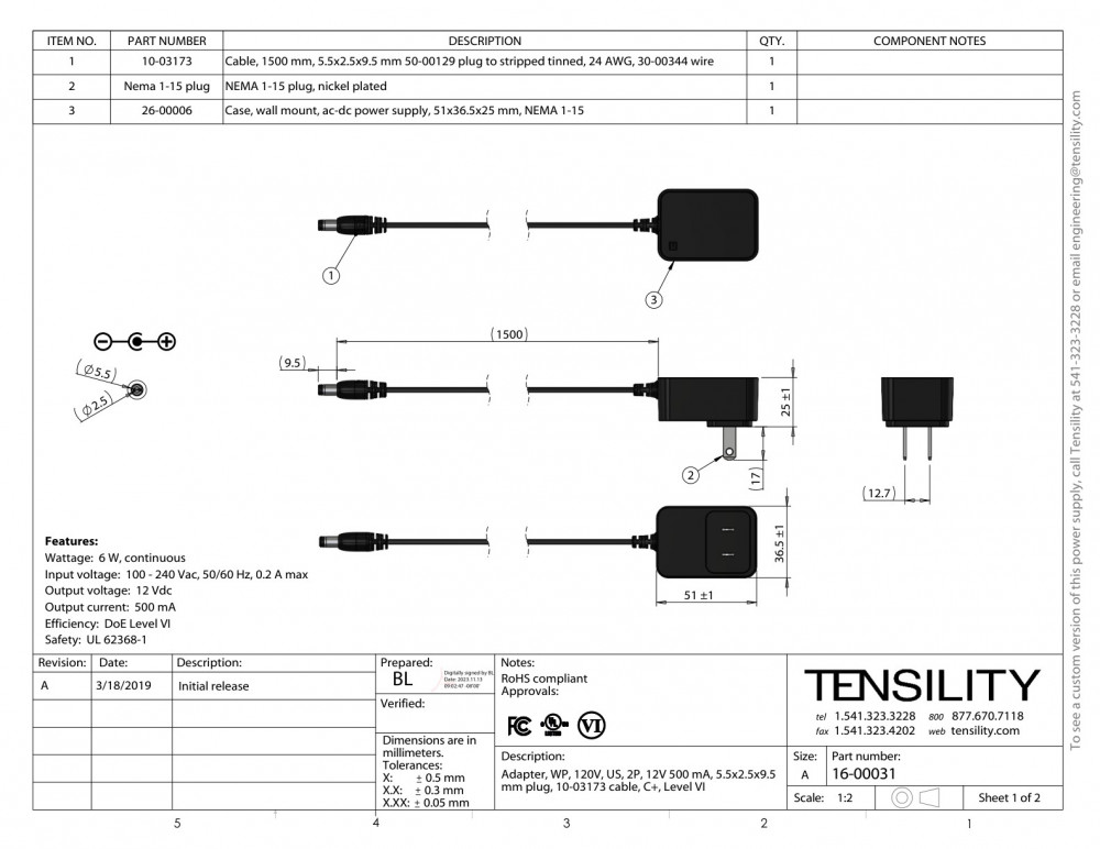 Tensility 16-00031 product drawing, page 1