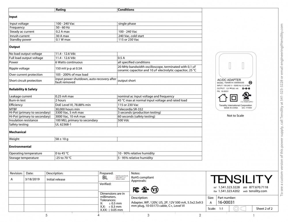 Tensility 16-00031 electrical and mechanical specification, page 2