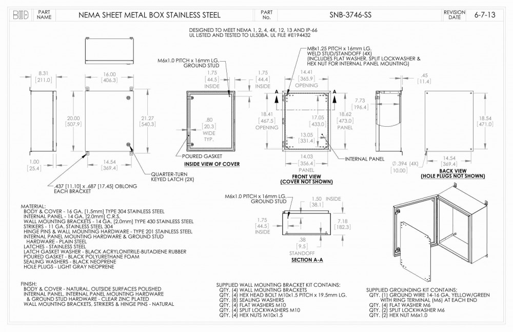 SNB-3746-SS technical drawing and enclosure documentation