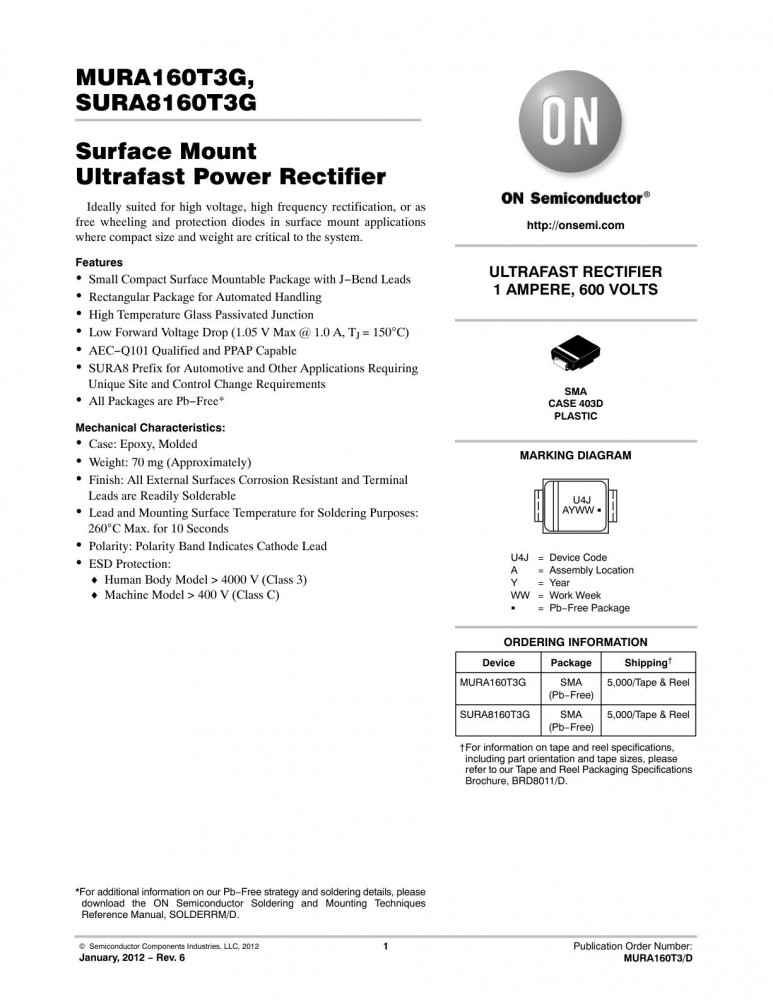 MURA160T3G datasheet page 1
