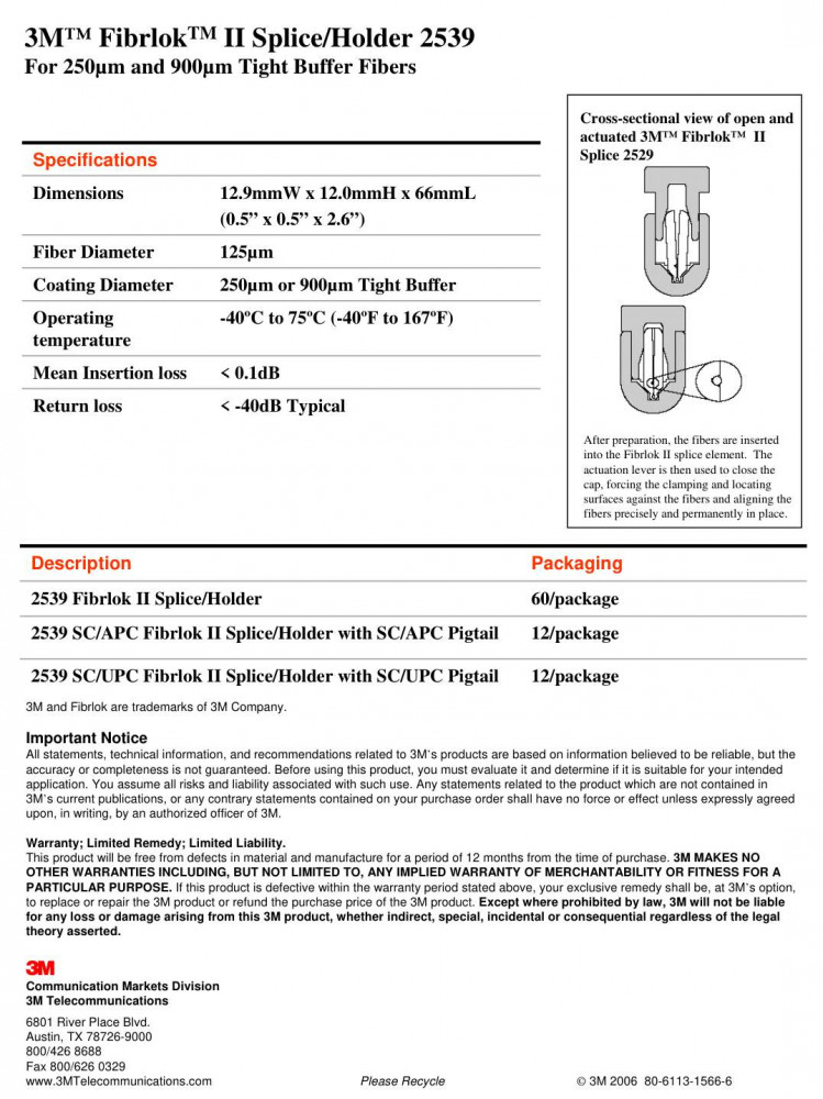 3M Fibrlok II Splice/Holder 2539 technical document page 2