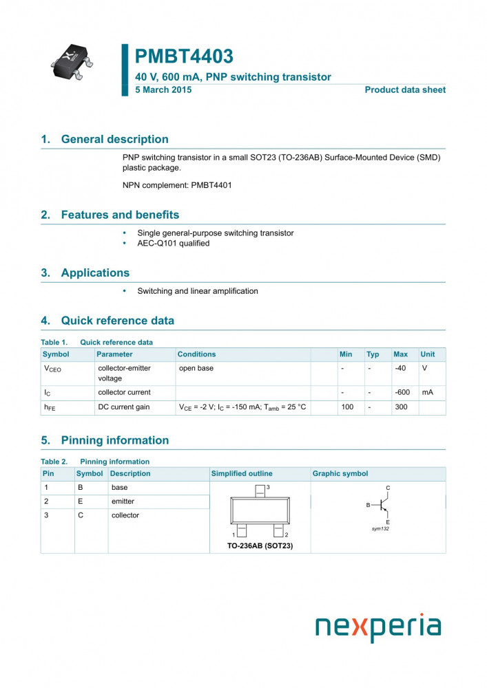 PMBT4403,215 technical document page 1