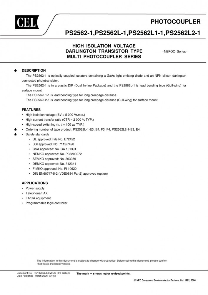 PS2562-1 datasheet page 1