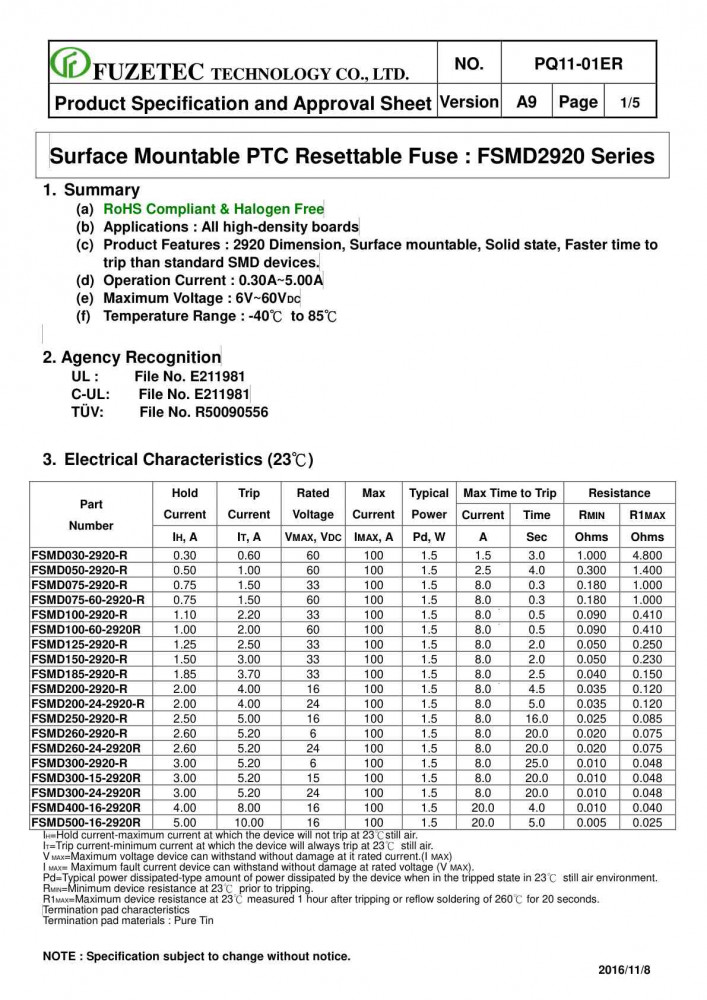 FUZETEC FSMD2920 specification page 1