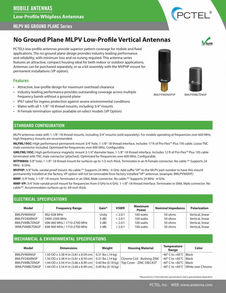 ANTENNA SPECIALISTS MLPV low-profile antenna product documentation