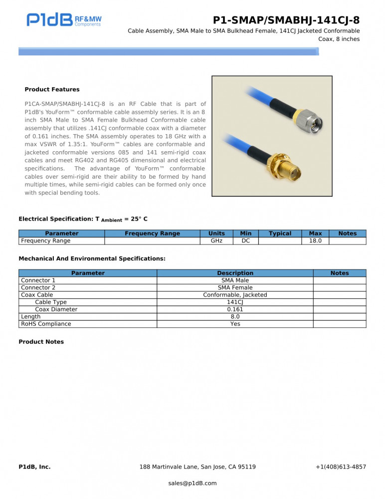 P1dB conformable RF cable assembly product document image