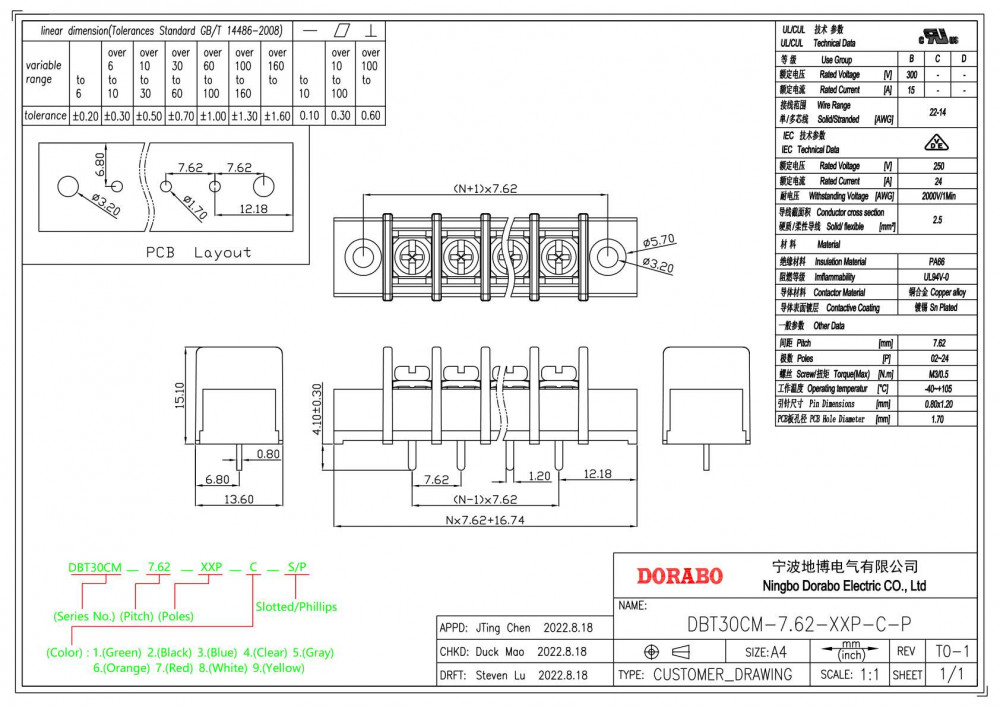 DORABO DBT30CM-7.62-4P-BK-P technical document preview