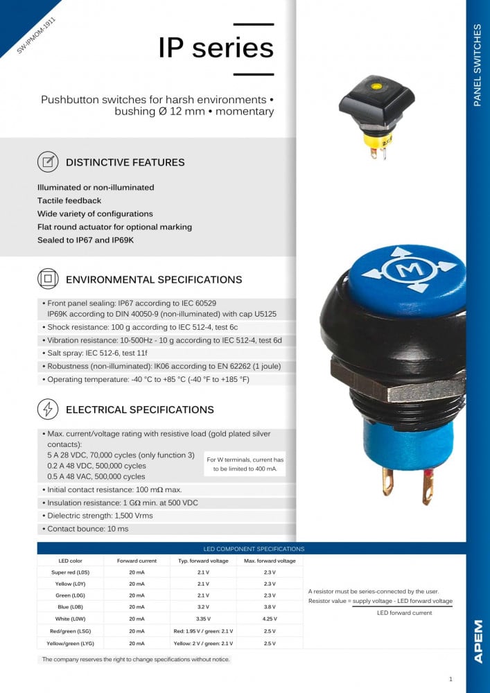 APEM IP series datasheet page 1