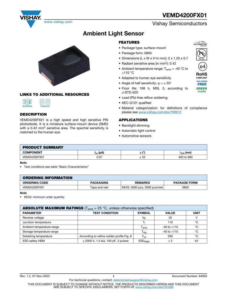 VEMD4200FX01 datasheet page 1
