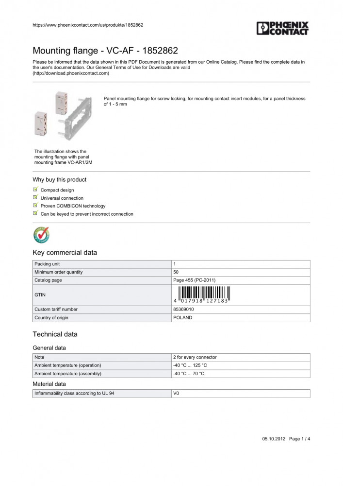 Phoenix Contact 1852862 product document page 1