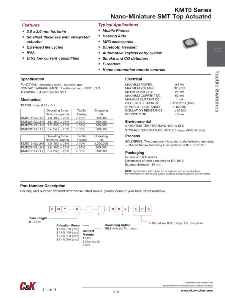 C&K KMT021NGJLHS technical document page 1