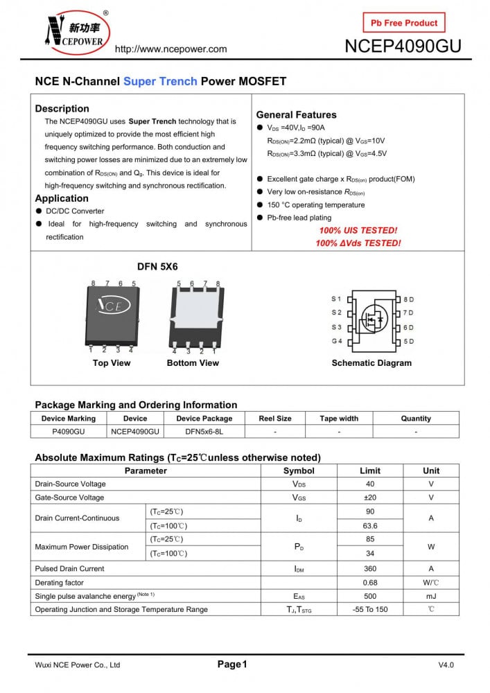 NCEP4090GU datasheet page 1