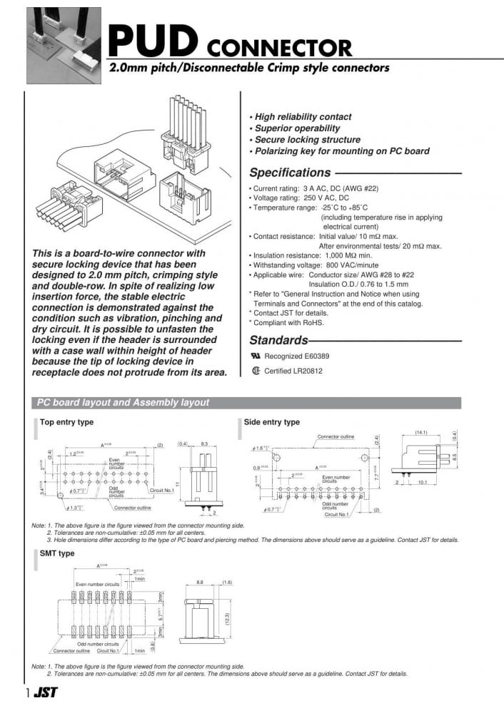 JST SPUD PUD connector datasheet page 1