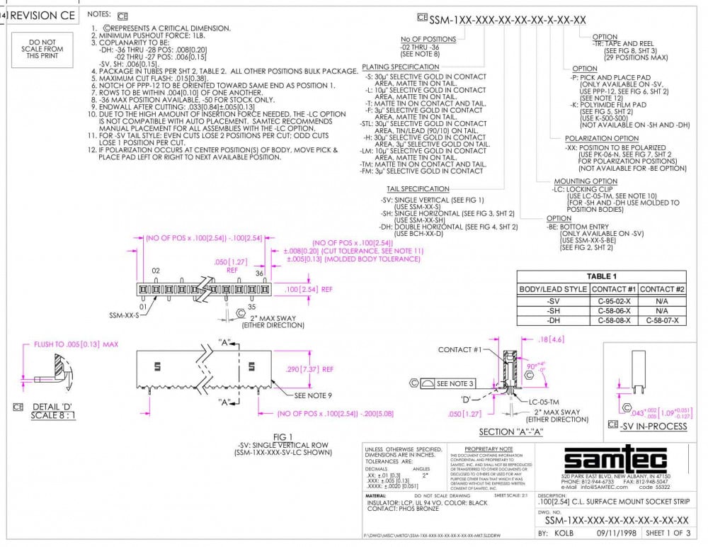 Samtec SSM series drawing page 1
