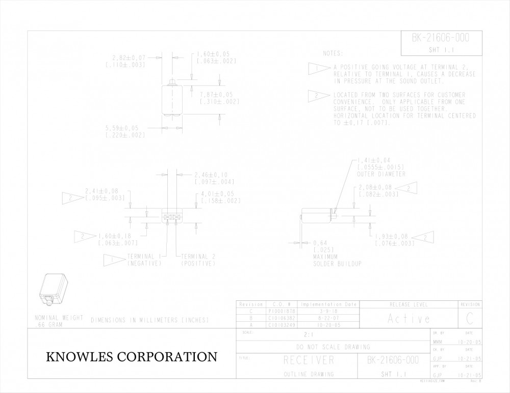Knowles BK-21606-000 receiver outline drawing