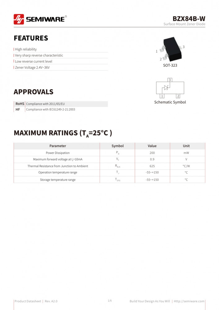 SEMIWARE BZX84B series datasheet page 1