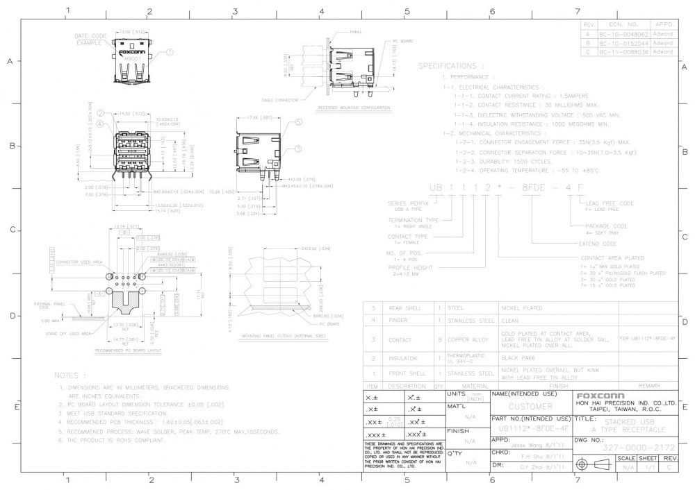 FOXCONN UB11121-8FDE-4F technical drawing