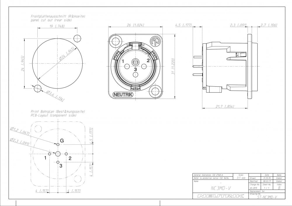 Neutrik NC3MD-V mechanical drawing