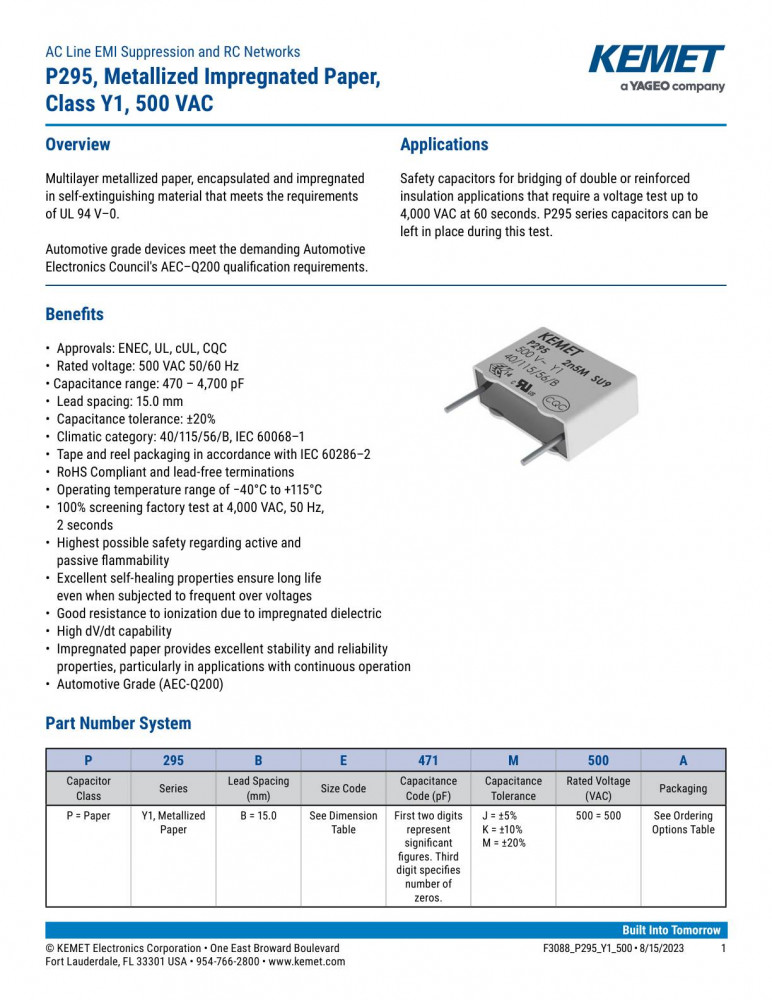 KEMET P295 datasheet page 1