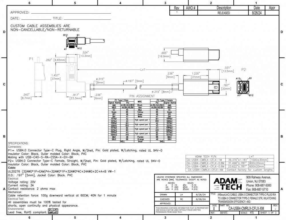 ADAM TECH cable assembly drawing, page 1