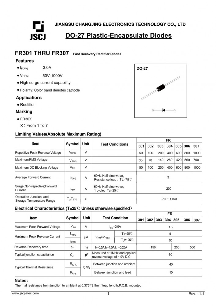 FR307 datasheet page 1