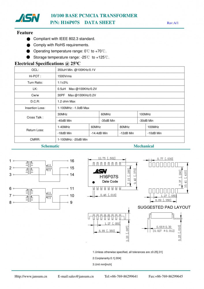 JASN H16P07S technical drawing page
