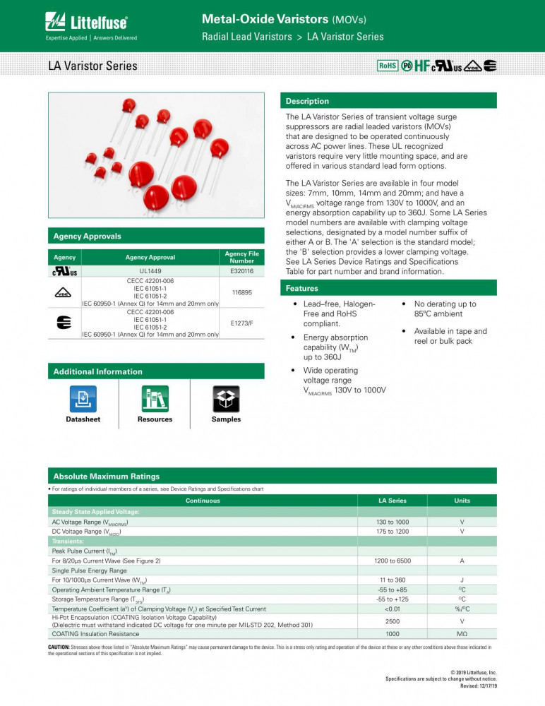 Littelfuse LA Series datasheet page 1