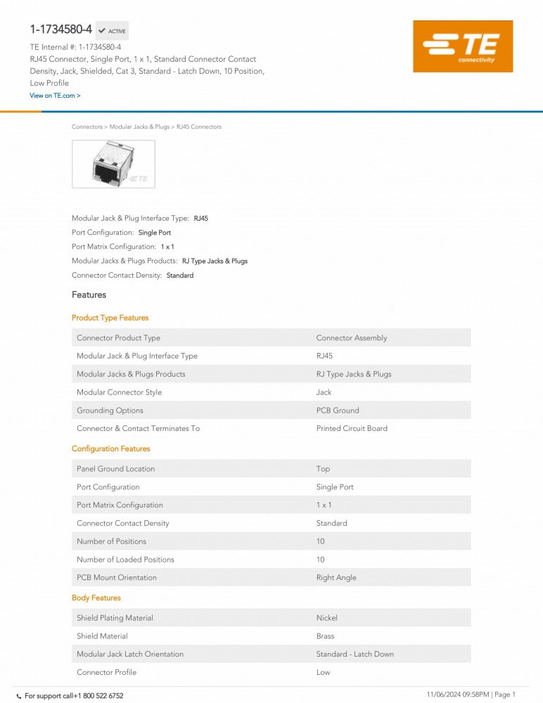 TE Connectivity 1-1734580-4 technical document page 1