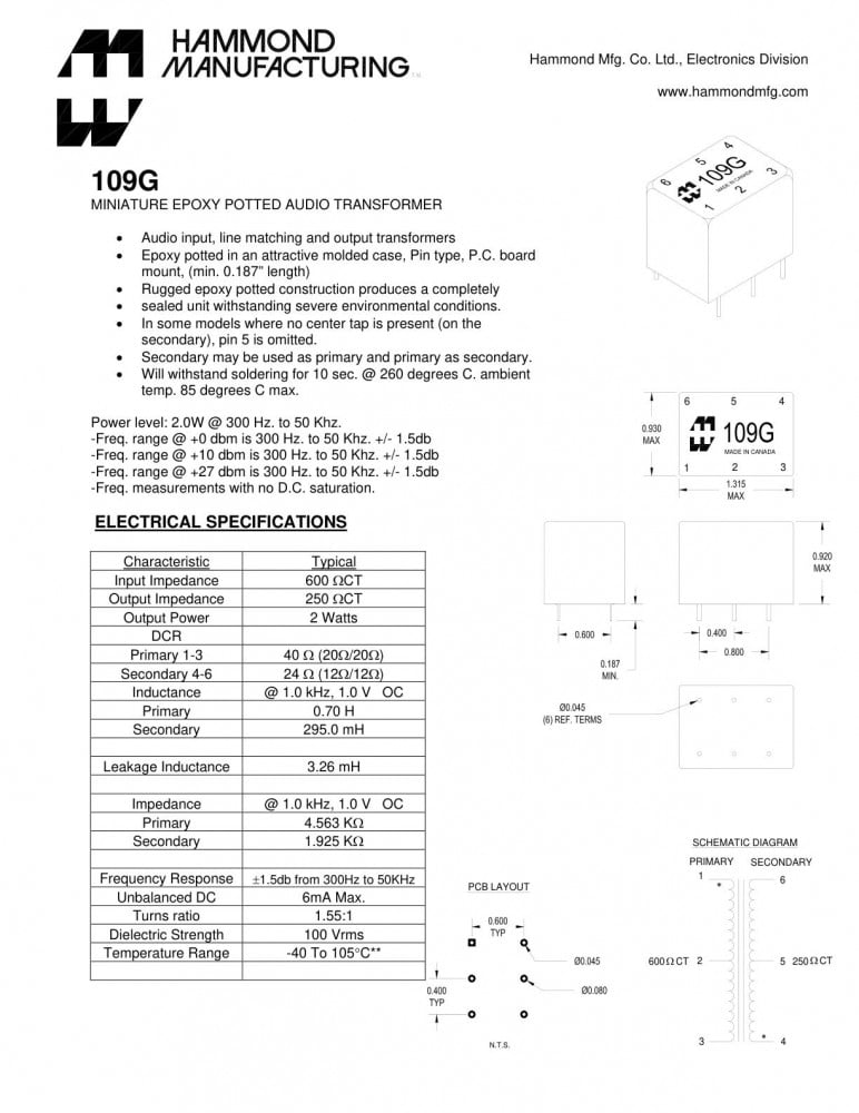 Hammond 109G technical document page 1